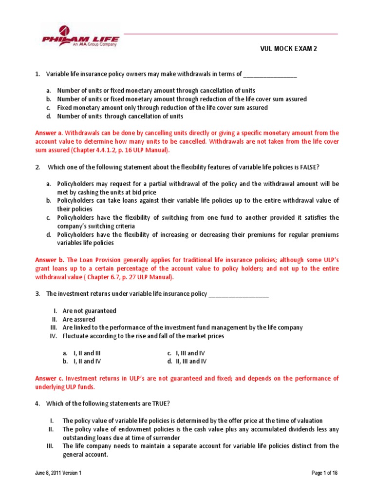 VUL Mock Exam 2 WITH EXPLANATIONS Answer Key | PDF | Life Insurance | Diversification (Finance)