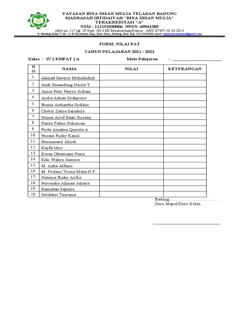 Form Nilai PAT | PDF