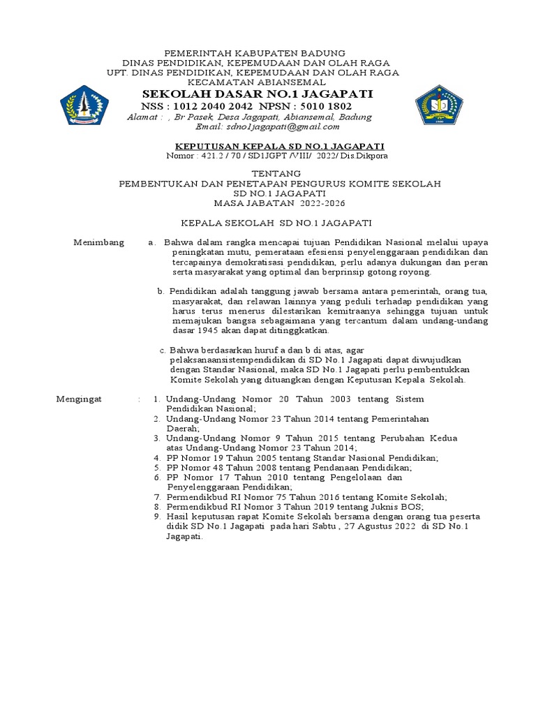 Sk Komite Sekolah Sd No1 Jagapati Tahun 2022 Pdf