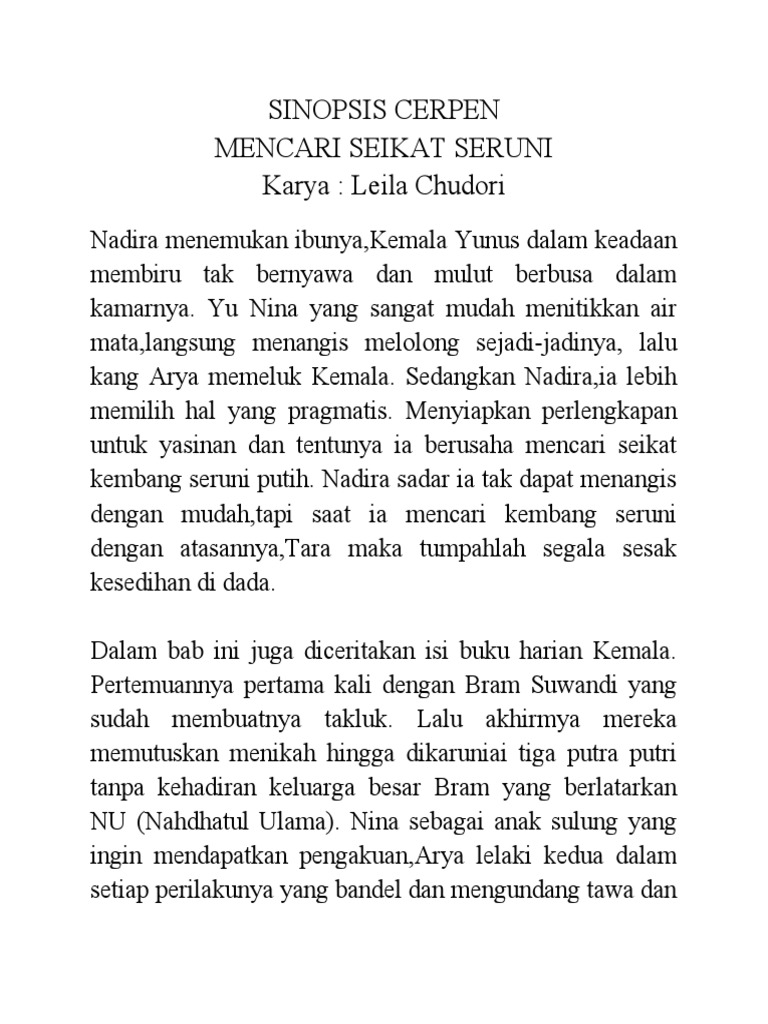 Sinopsis Cerpen "Mencari Seikat Seruni" | PDF | Agama & Spiritualitas ...