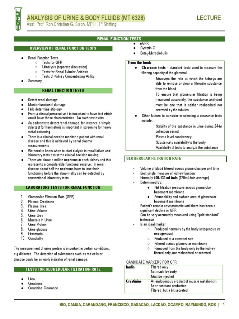3f Aubf Lec Renal Function Tests PDF | PDF | Creatinine | Kidney