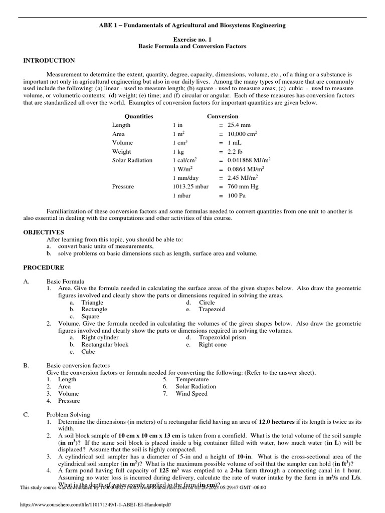 ABE 1 Fundamentals of Agricultural and Biosystems Engineering Measurement Conversion | PDF ...