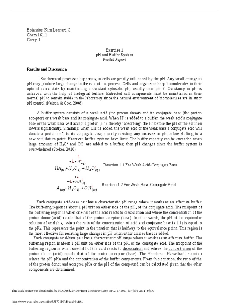Chem 161.1 Exer 1 Kim | PDF | Buffer Solution | Acid