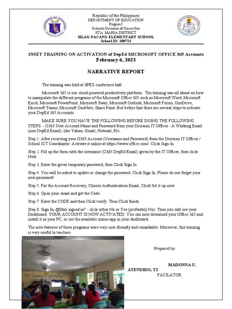 DepEd Microsoft 365 Activation Training Report | PDF | Microsoft Office ...