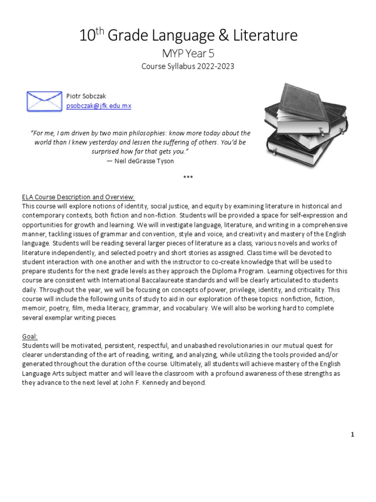 10th Grade Language & Literature Course Syllabus 2022-2023 | Download ...
