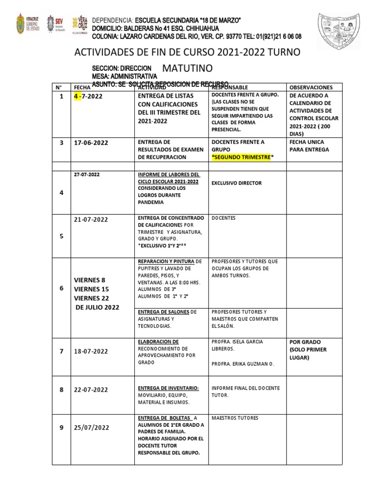 Actividades de Fin de Ciclo 2021-2022 | PDF