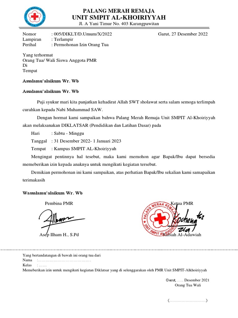Izin Diklatsar PMR SMPIT Al-Khoiriyyah | PDF