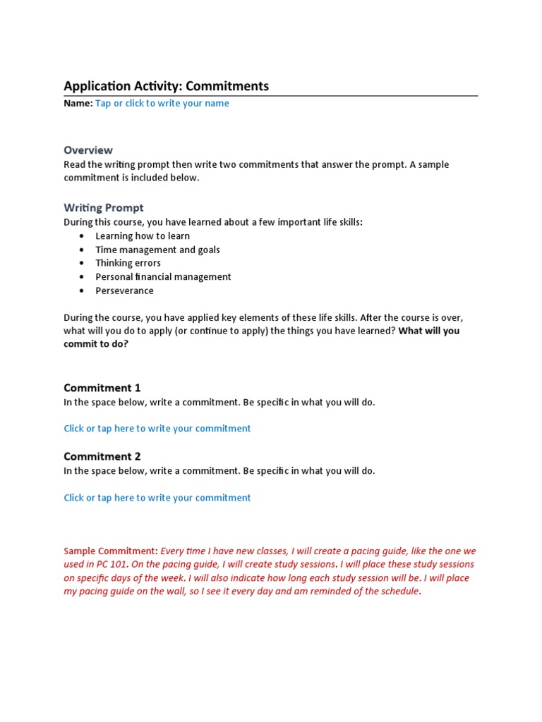 pc101 Applicationactivity Commitmentstatements Template | PDF