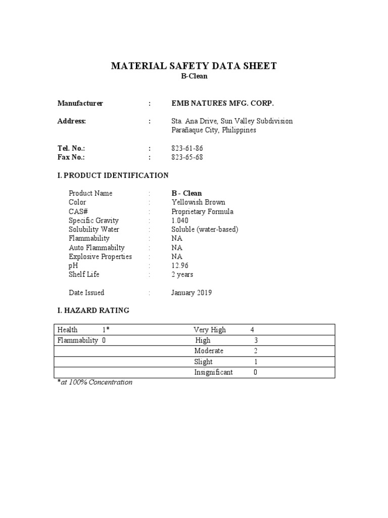 Material Safety Data Sheet-Emb - B Clean - 2019 | PDF | Sodium | Chemistry