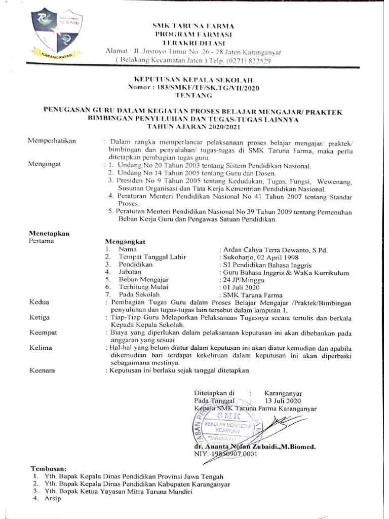 SK Pembagian Tugas Mengajar 20202021 Pak Ardan | PDF