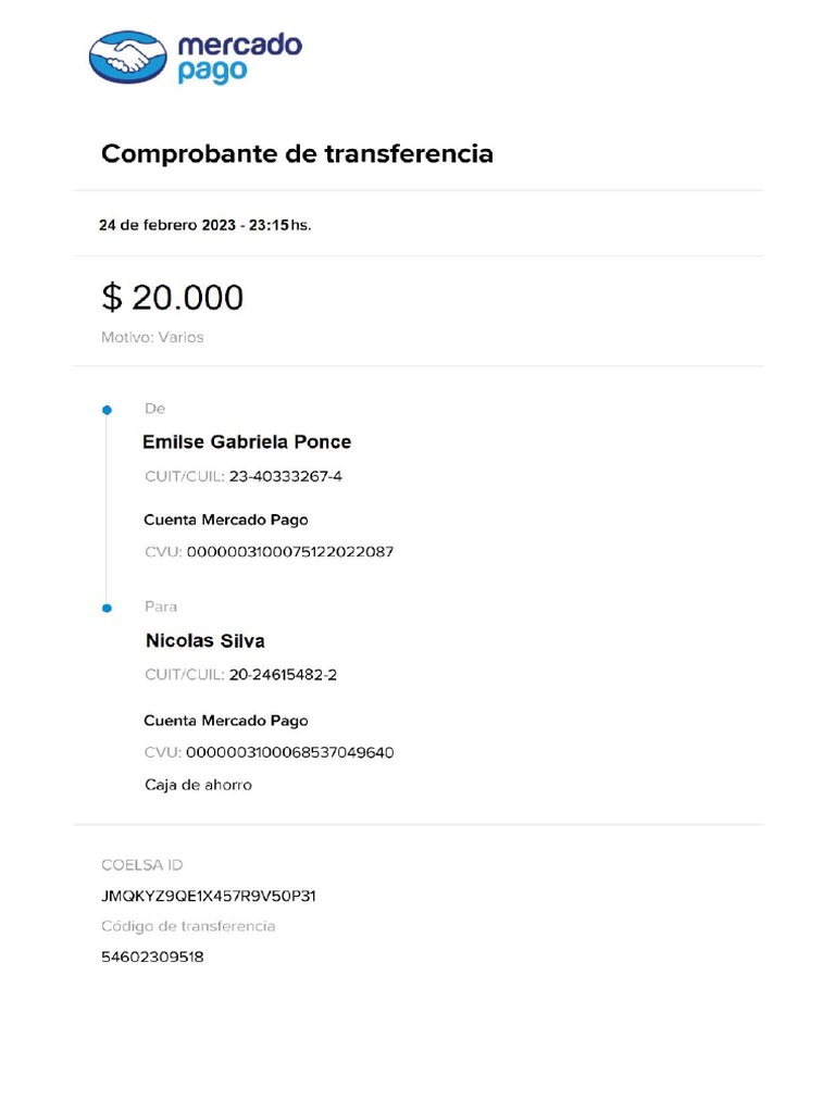 Comprobante Transferencia Mercado Pago | PDF