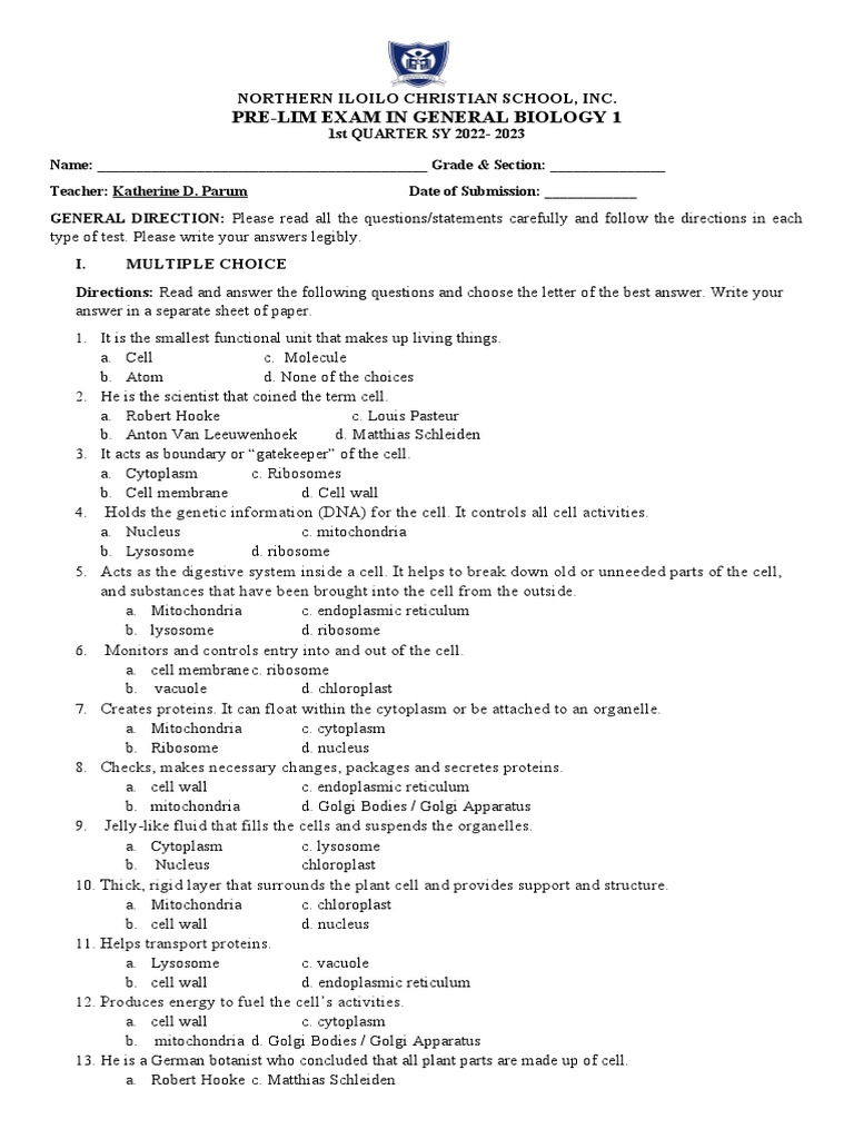 General Biology 1 Quarter 1 Exam | PDF | Meiosis | Cell (Biology)