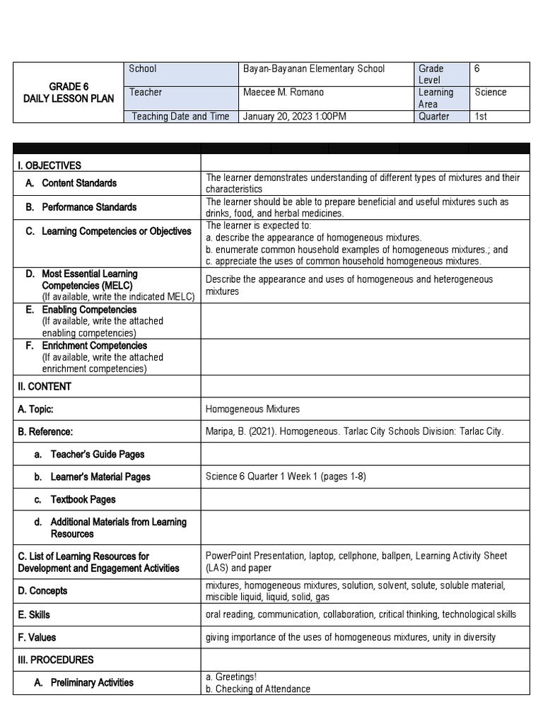 Science 6 Q1 Week 1 Lesson Exemplar | PDF | Mixture | Liquids