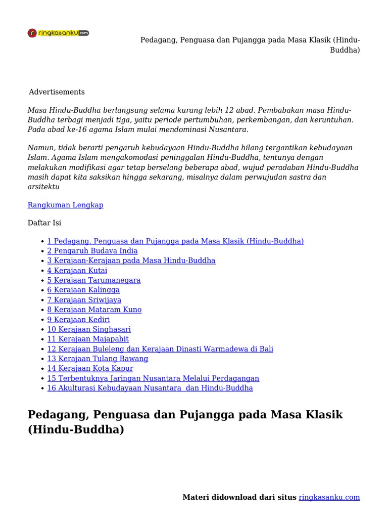 Pedagang, Penguasa Dan Pujangga Pada Masa Klasik (Hindu-Buddha) | PDF