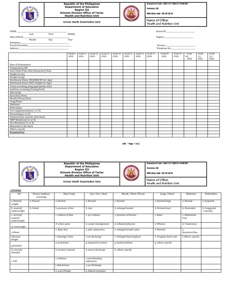 SHN Form 001 School Health Examination Card Elementary | Download Free ...