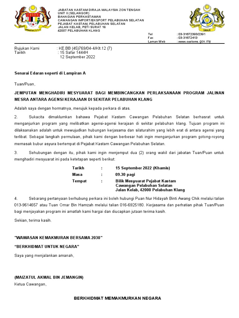 Jemputan Mesyuarat Bagi Program Asyura | PDF