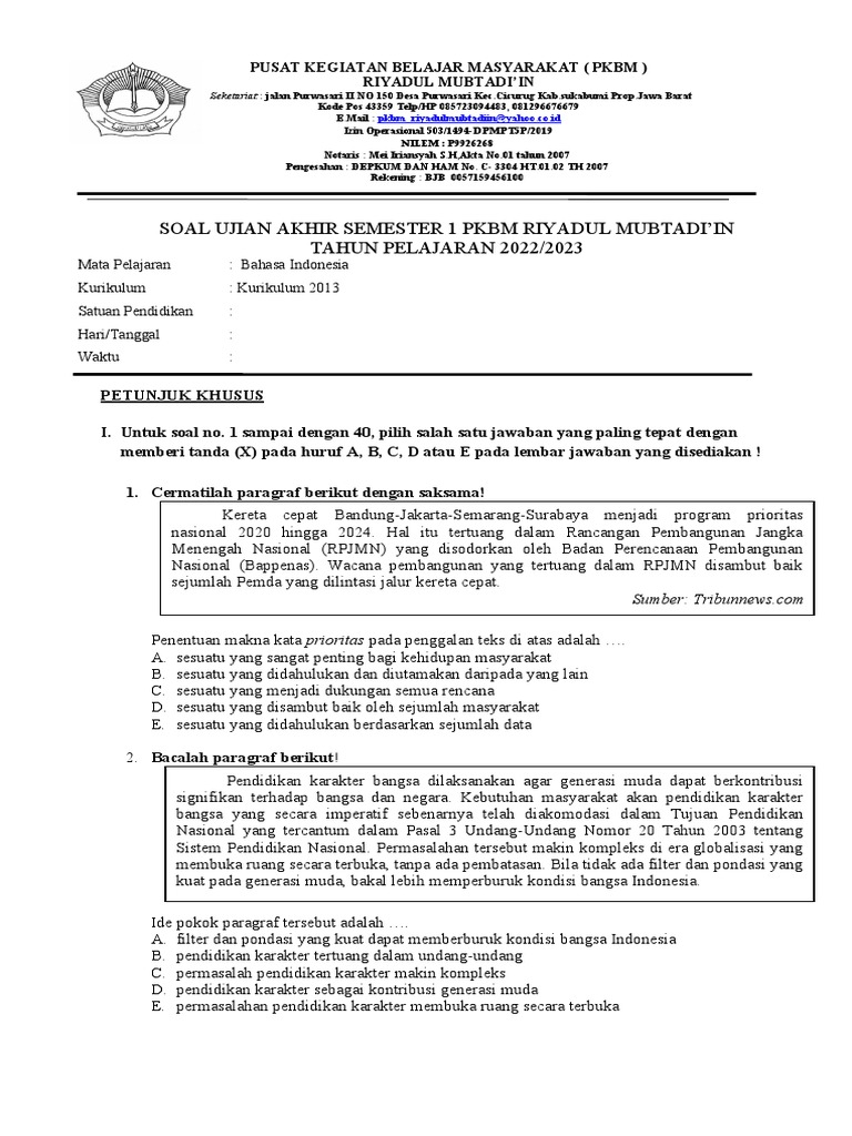 Naskah Soal Ujian Sekolah Bahasa Indonesia Tahun 2020-2021 Paket C | PDF | Politik | Ilmu Sosial