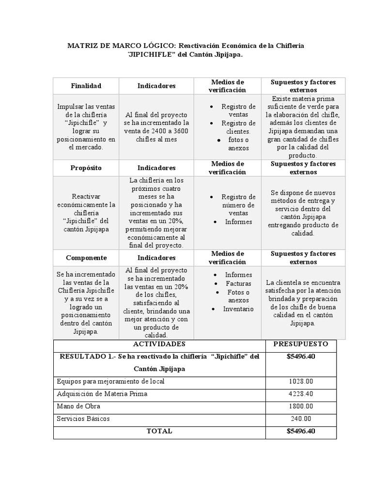 Matriz de Marco Lógico | PDF | Presupuesto | Economias