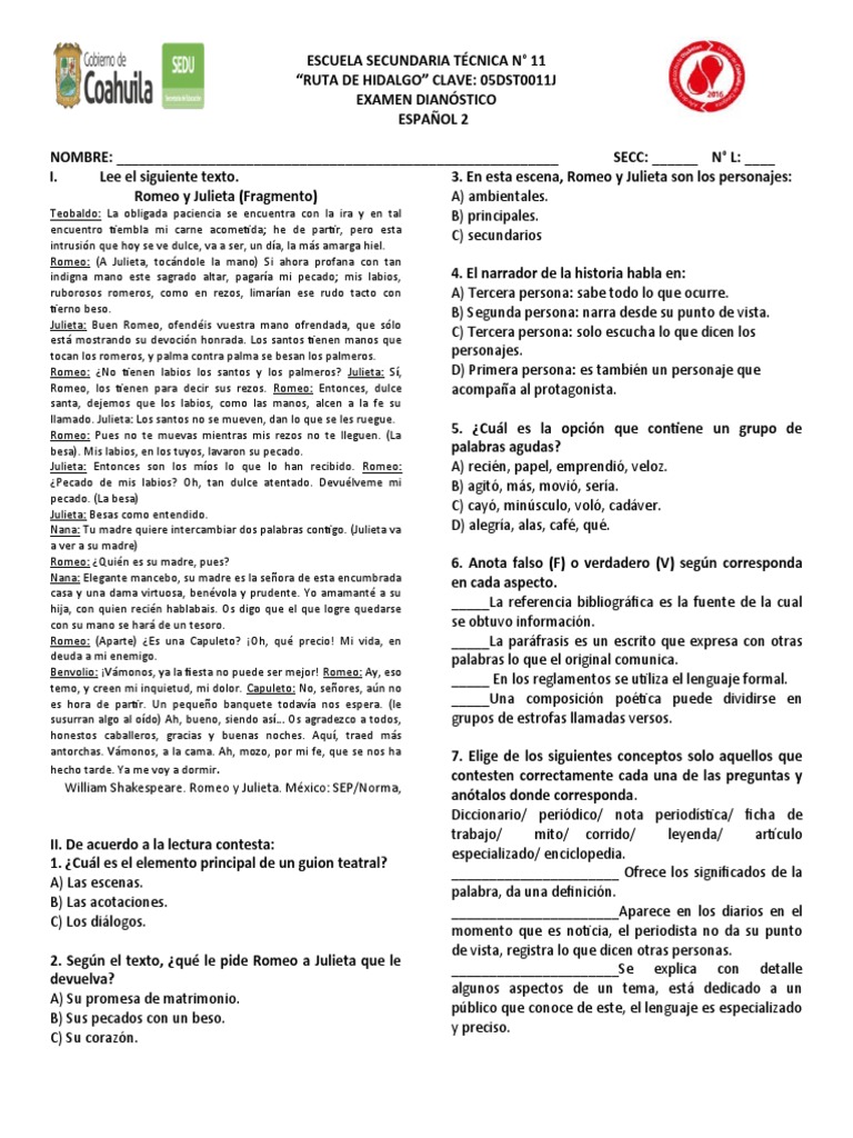 Exa Diag 2 | PDF | Romeo y Julieta