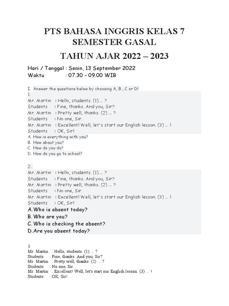 PTS Bahasa Inggris Kelas 7 Semester Gasal | PDF