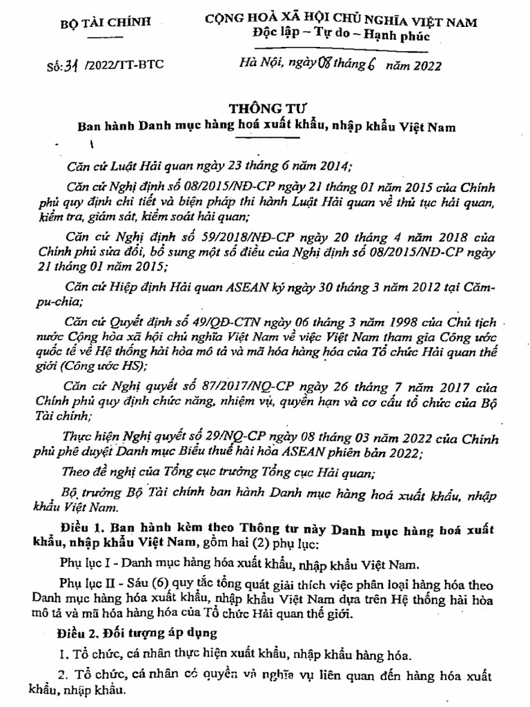 Thong Tu 31 2022 TT BTC Danh Muc Hang Hoa Xuat Khau Nhap Khau Viet Nam | PDF