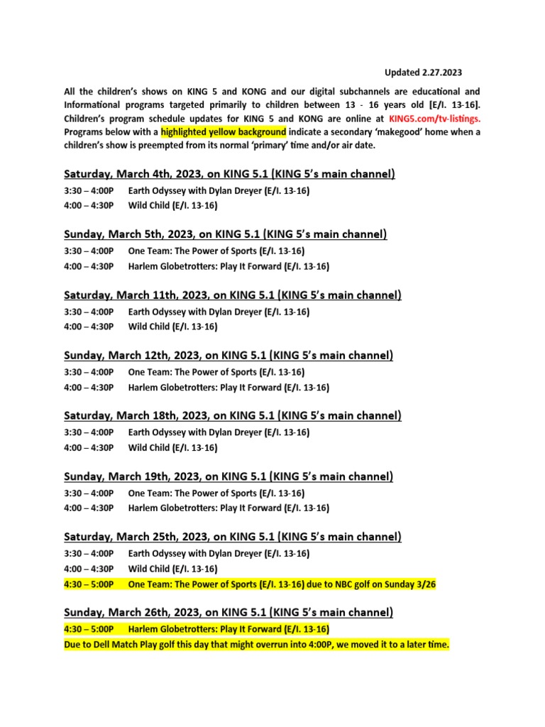 KING 5 Kids Program Summary Rev Feb 27 - 2023 | PDF | Television ...