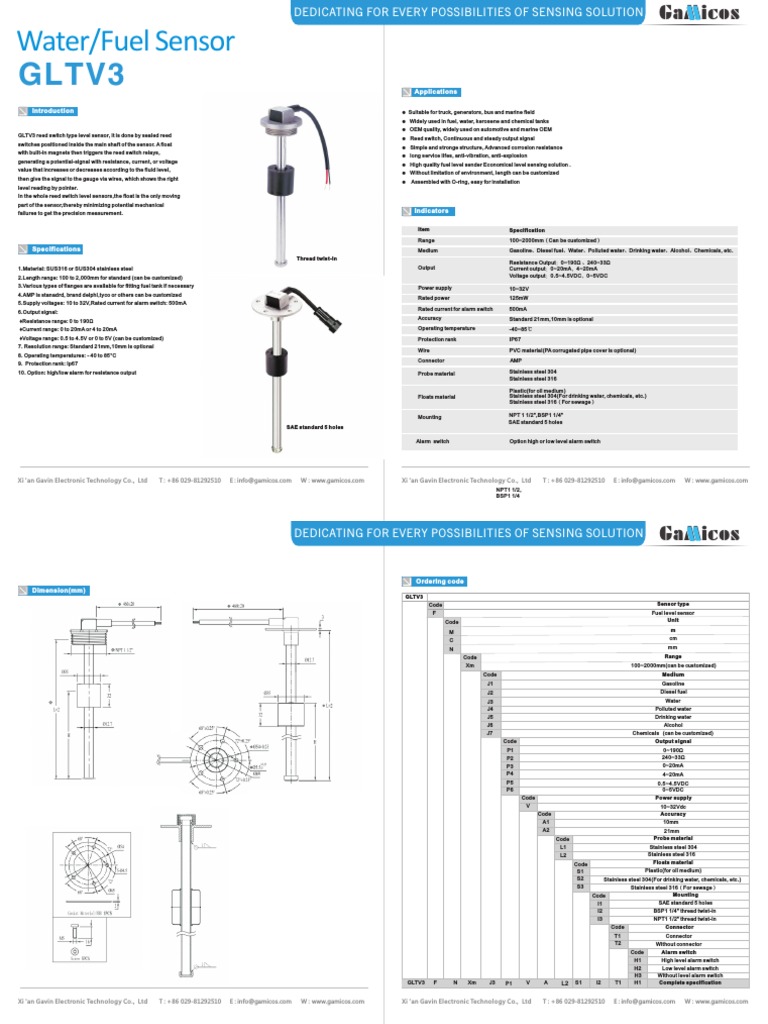 GLTV3 Level Sensor | PDF | Switch | Sensor