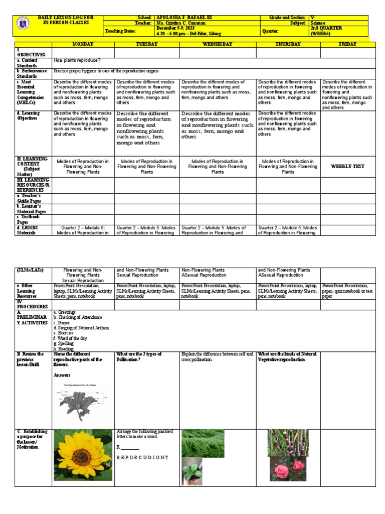G5 Q2W5 DLL SCIENCE MELCs | PDF | Plant Reproduction | Flowers