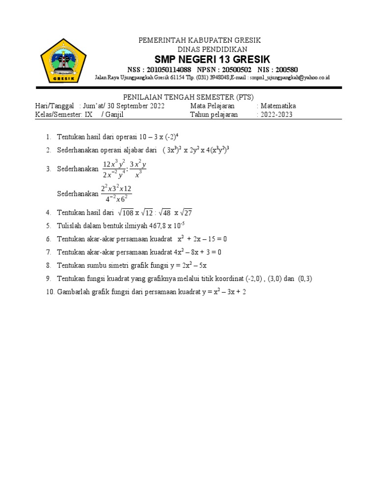 SOAL PTS GANJIL MTK Kelas 9 | PDF
