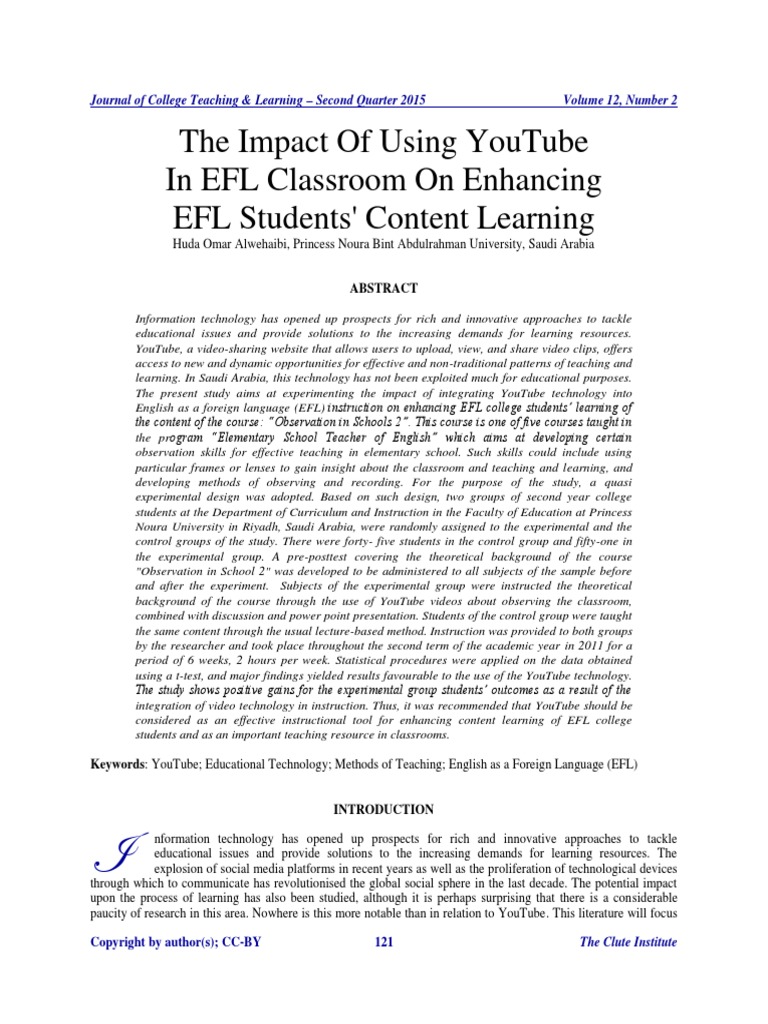 The Impact of Using YouTube in EFL Classroom On Enhancing EFL Students ...