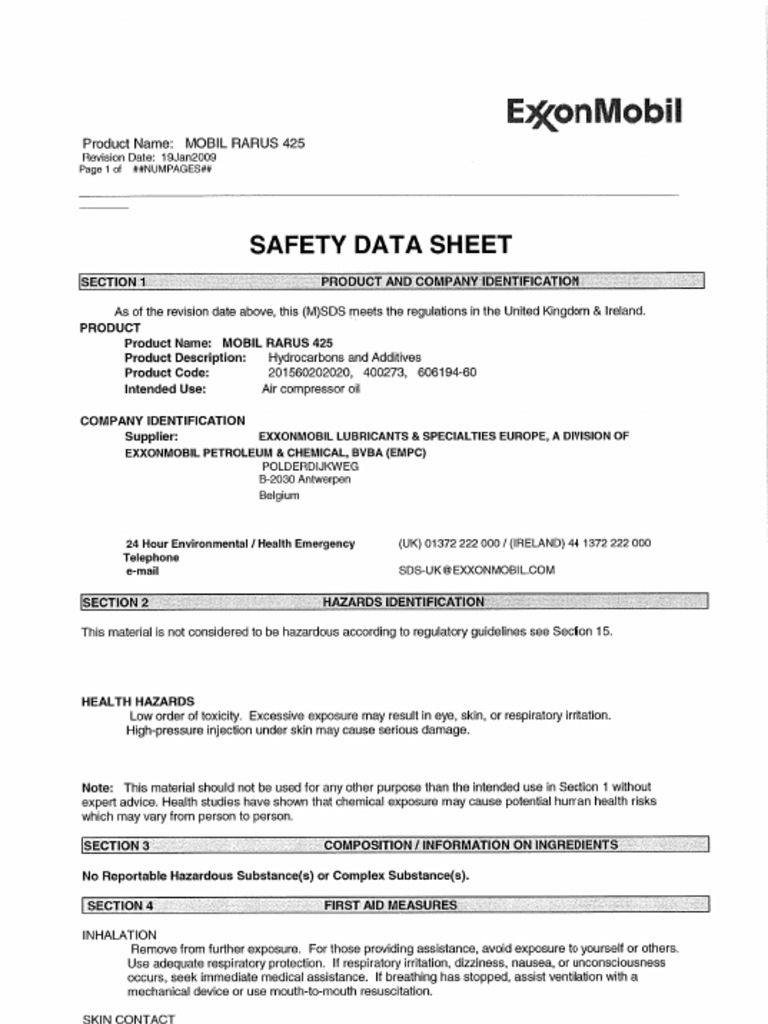 ExxonMobil Safety Data Sheet Mobil Rarus 425 | PDF