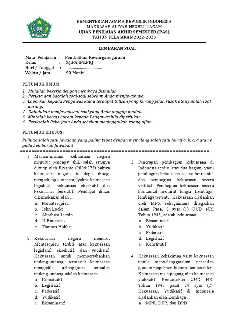 Soal PAS PKN Kelas X MAN 1 Agam | PDF
