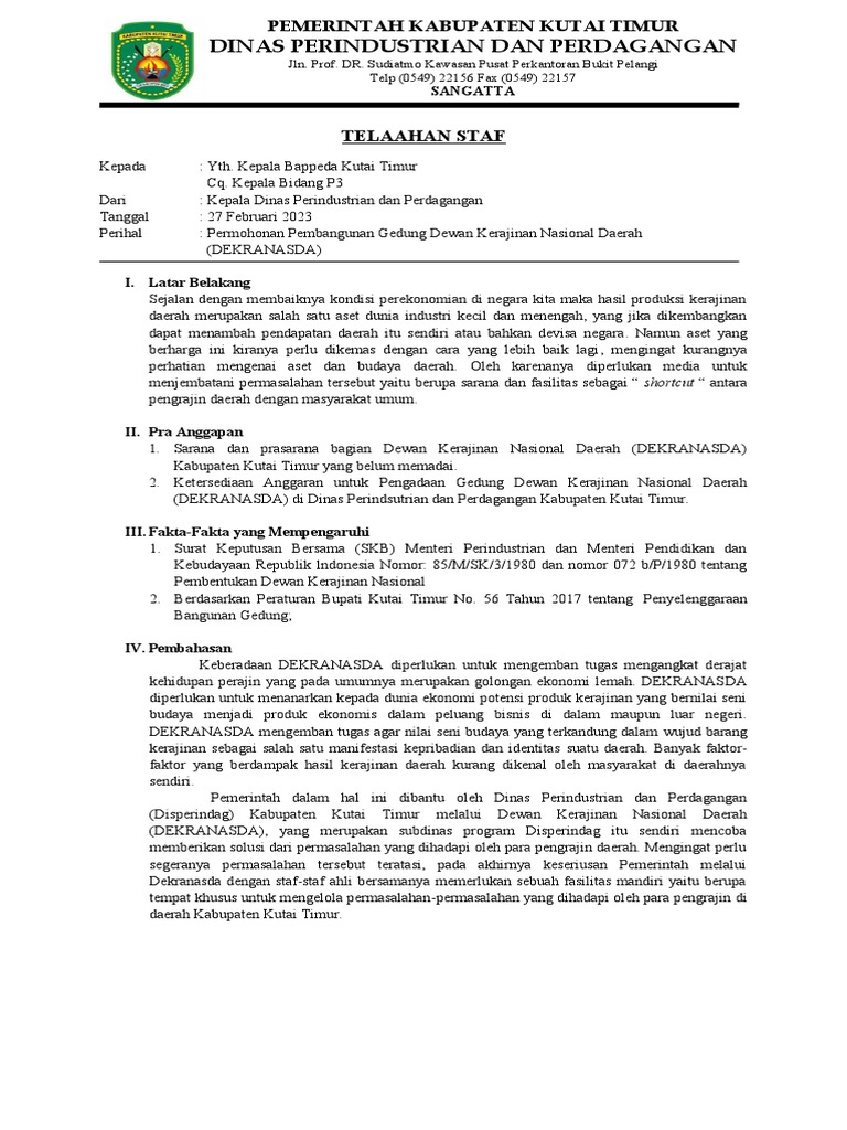 Telaahan Staf Gedung DEKRANASDA | PDF