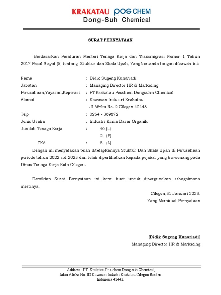 Surat Pernyataan Struktur Dan Skala Upah PT KPDC | PDF