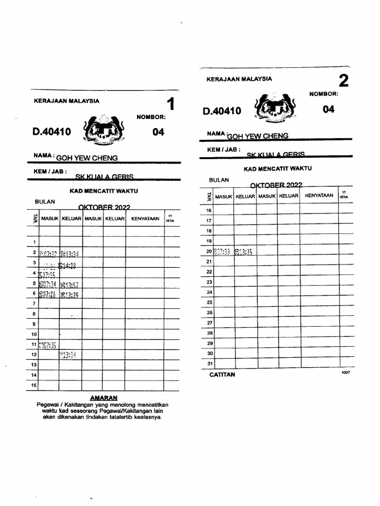 Punch Card Bulan Oct | PDF