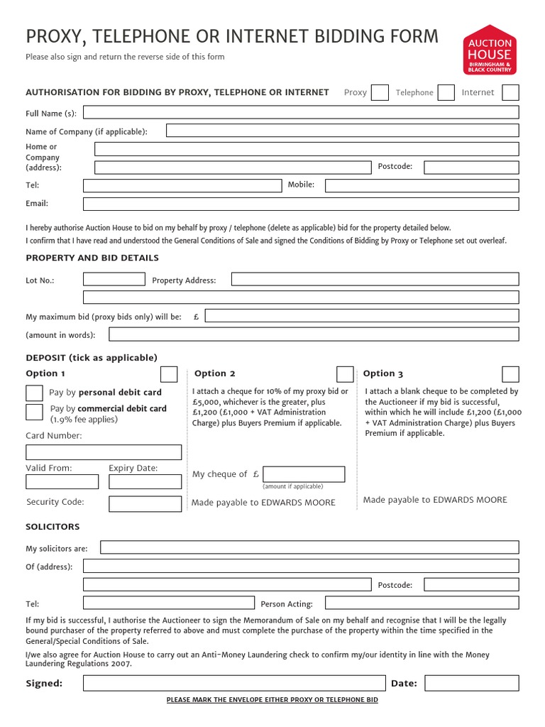 Lot - Auction House Birmingham Bidding Form | PDF | Auction | Cheque