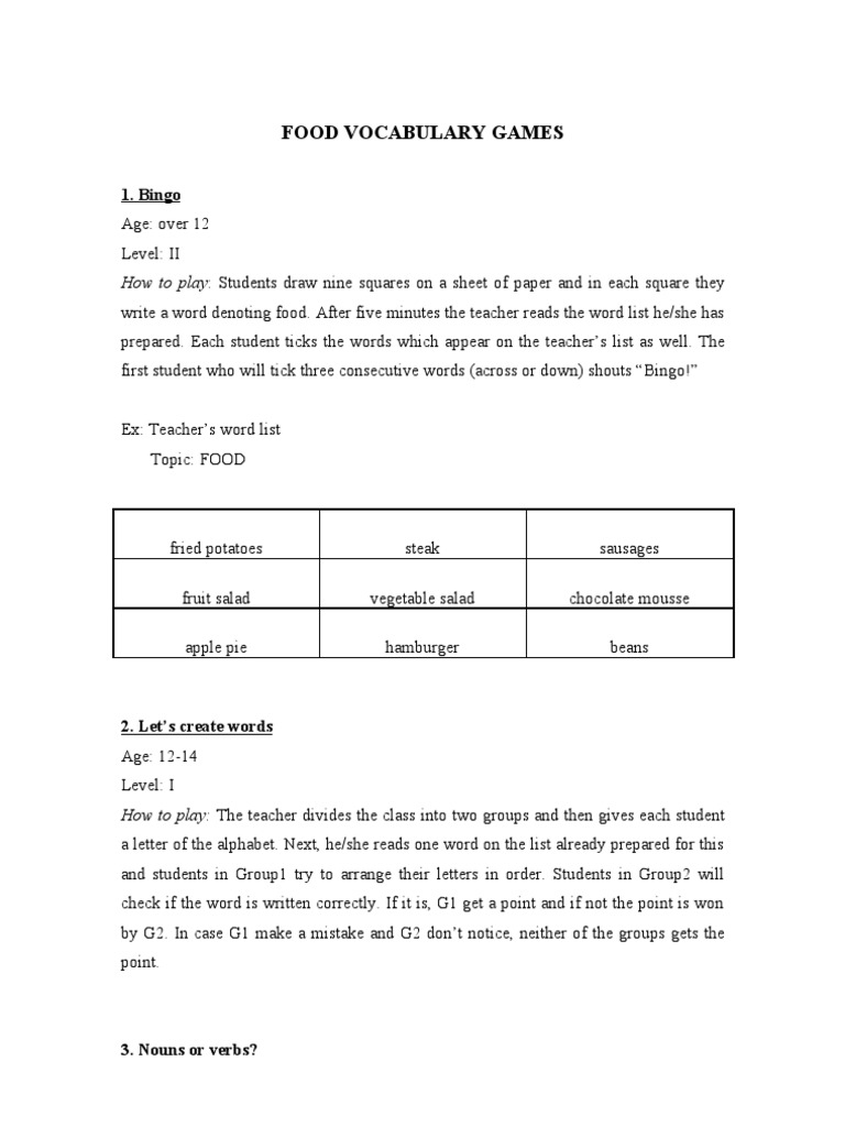 Food Vocabulary Games | PDF