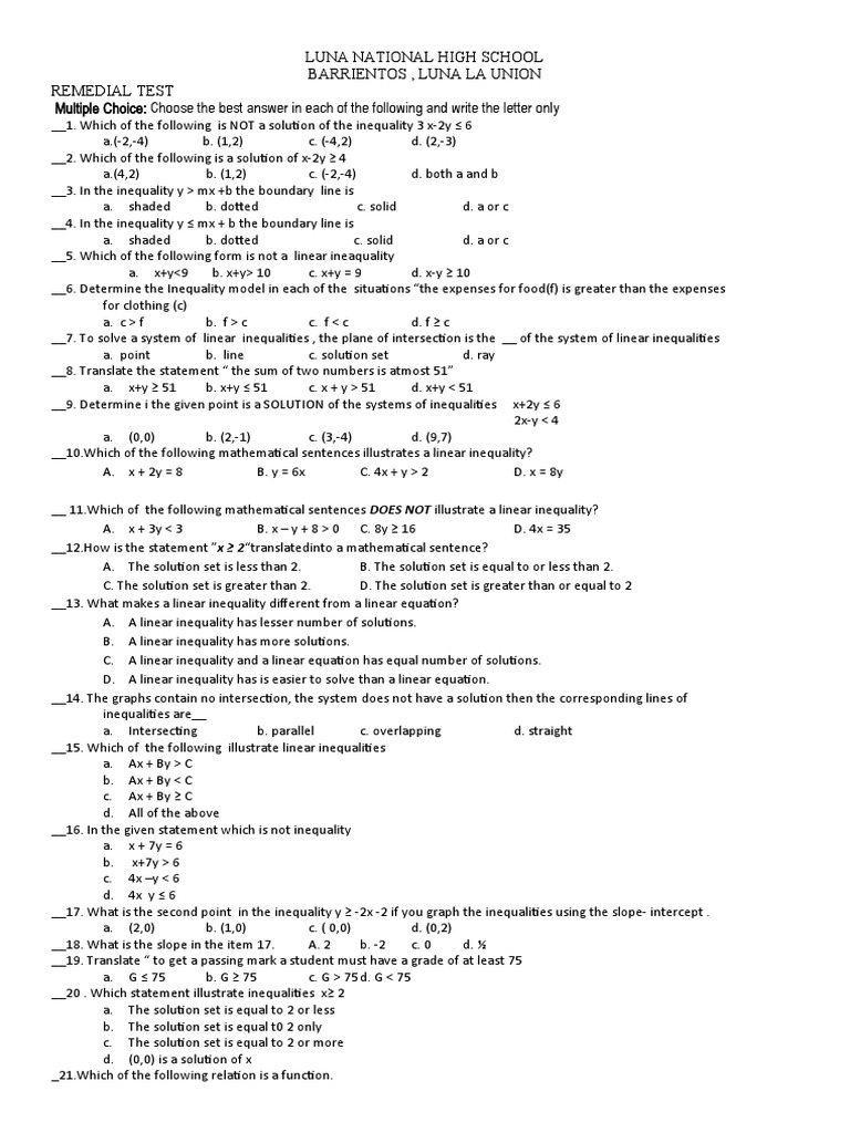 Remedial Test Q2 | PDF | Inequality (Mathematics) | Geometry