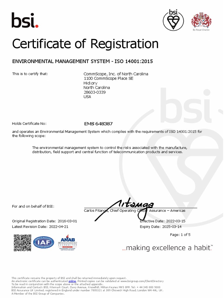 ISO 14001:2015 Certification for CommScope | PDF | Electronics | Telecommunications