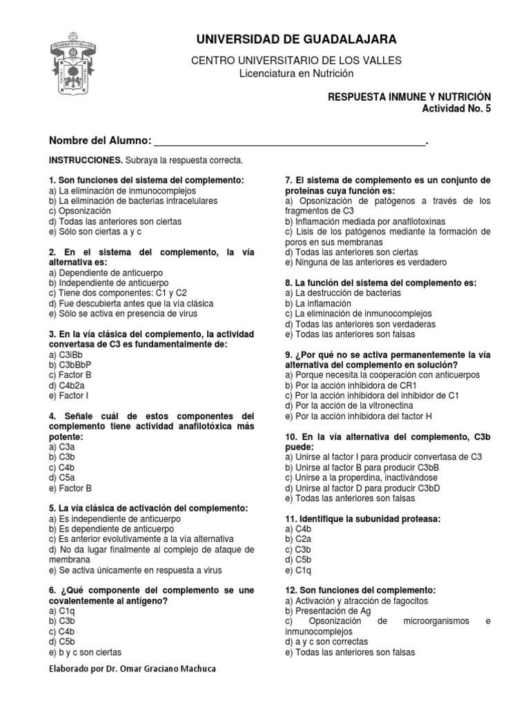 Actividad 5 - Cuestionario Complemento | PDF | Sistema complementario | Inmunología