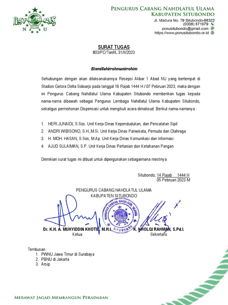 Surat Tugas Lembaga Untuk Resepsi 1 Abad NU | PDF