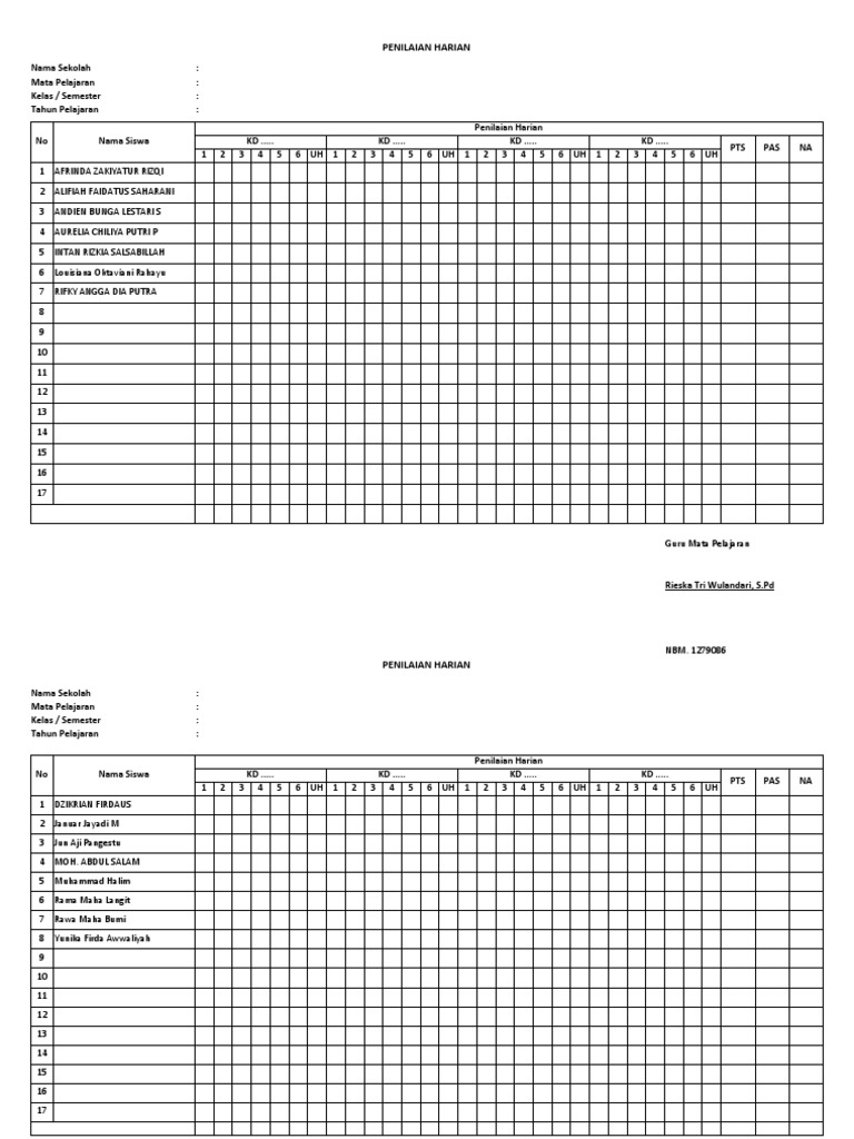 Format Nilai Harian Guru Mapel | PDF