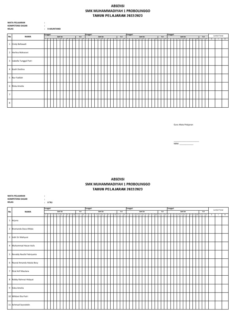 Format Absensi Siswa Fix 22-23 | PDF