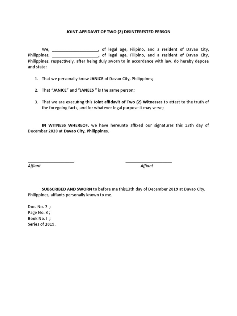 Joint-Affidavit of Two (2) Disinterested Person | PDF