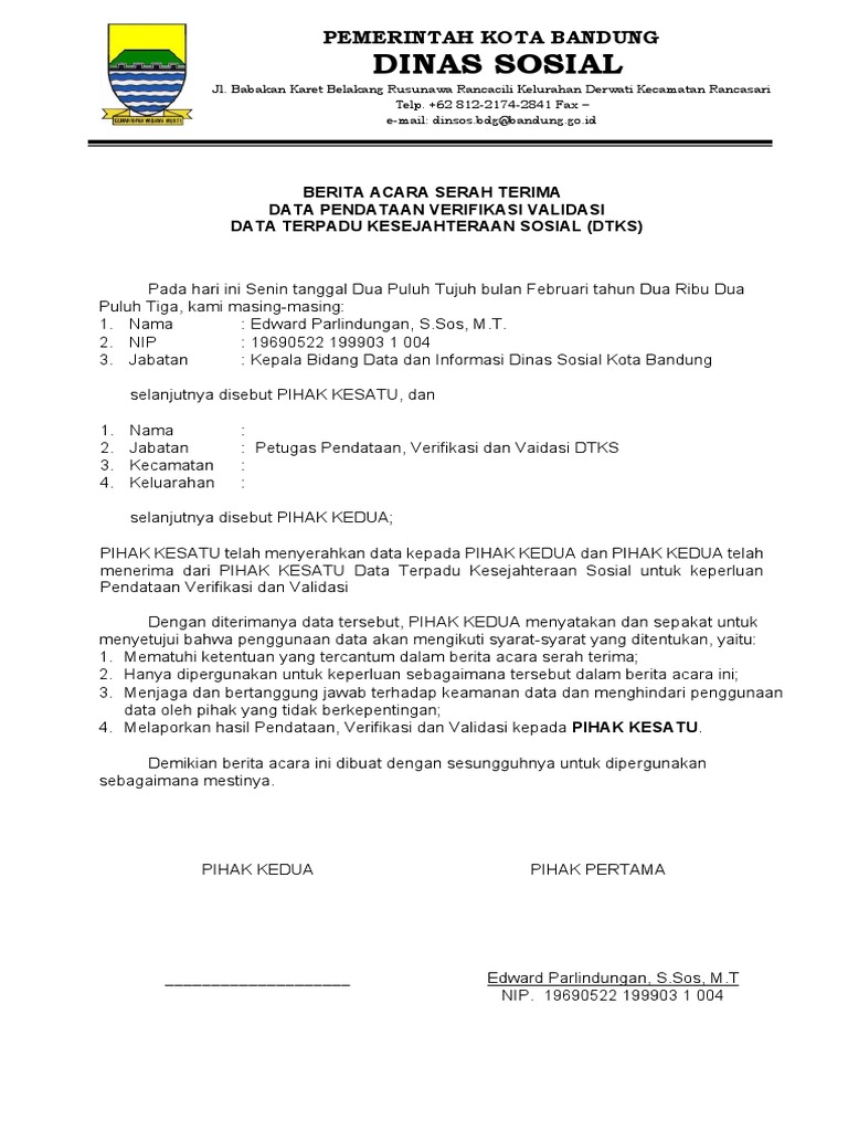 Berita Acara Serah Terima Data Pendataan Verifikasi Validasi DTKS | PDF Berita Acara Serah Terima Data Pendataan Verifikasi Validasi DTKS | PDF