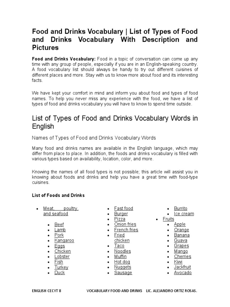 Food and Drink Vocabulary Guide | PDF | Meat | Breads