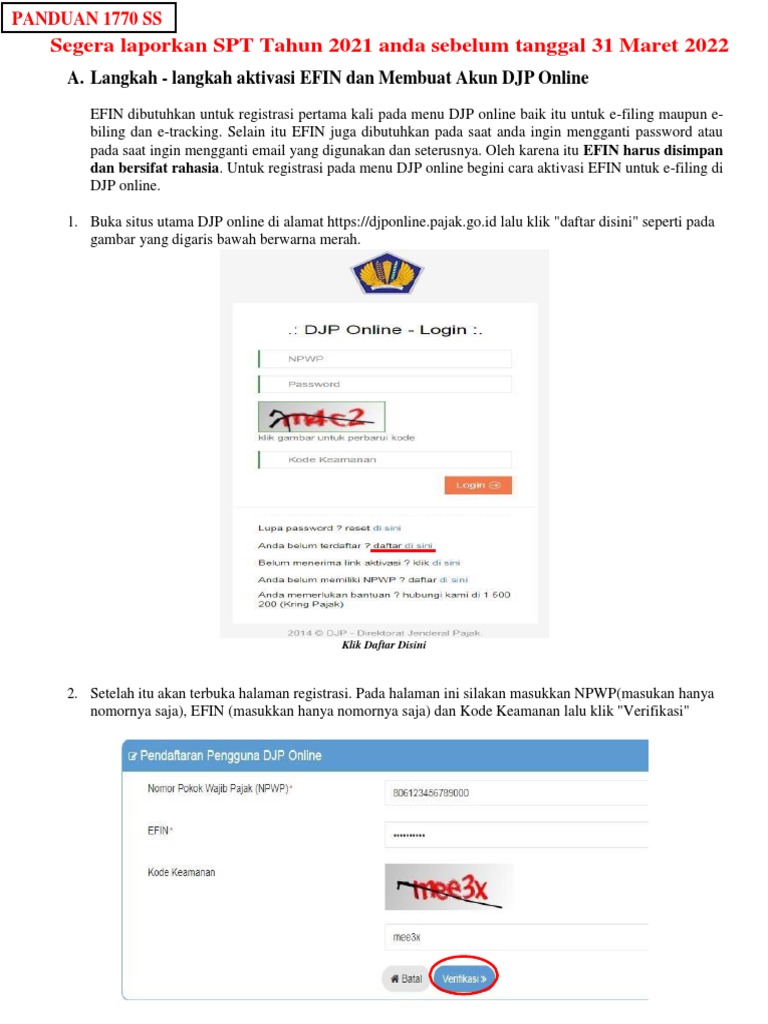 Langkah Aktifasi Efin & Lapor SPT 1770 SS 2021 | PDF
