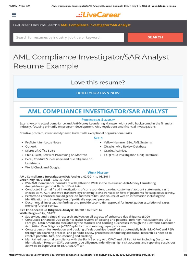 AML Compliance Investigator - SAR Analyst Resume Example Green Key FIS ...