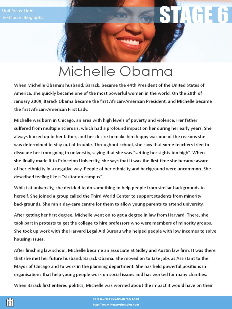 Michelle Obama Stage 6 Comp - Comprehension Pack | PDF | Michelle Obama