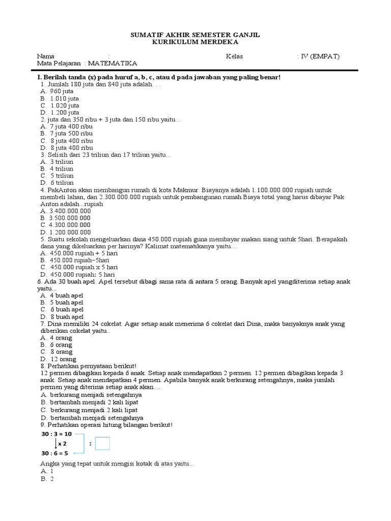 Soal Sumatif PAS MTK Kelas IV Semester 1 | PDF